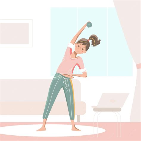 집에서 스포츠를 하는 귀여운 만화 소녀 활동 건강한 생활 방식 프리미엄 벡터