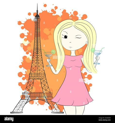 Eiffel Tower And Girl With The Cocktails Vector Illustration Stock Vector Image Art Alamy