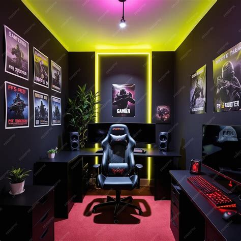 A Gamer Room Black Walls Neon Yellow Light Volumetric Light Premium