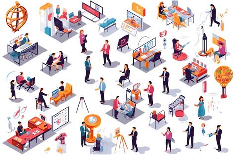 이소메트릭 아이콘은 사람과 비즈니스를 설정합니다 프리미엄 Ai 생성 벡터