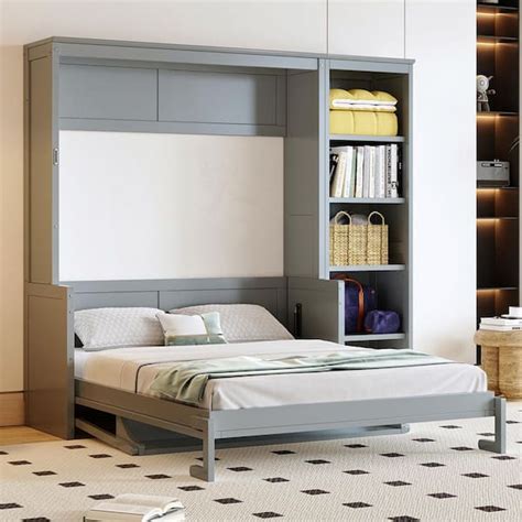 Nestfair Gray Wood Frame Full Size Murphy Bed With Desk And Bookshelf