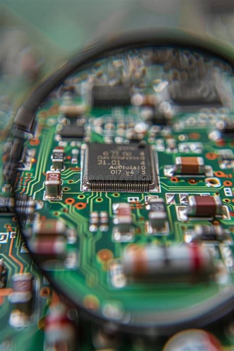 Macro View Of Computer Microchips Circuitry Magnified By Lens With Space For Text Stock