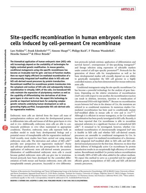 Pdf Site Specific Recombination In Human Embryonic Stem Cells Induced By Cell Permeant Cre