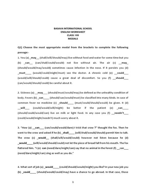 Class 8 Answerkey Modals Revision Worksheet Pdf