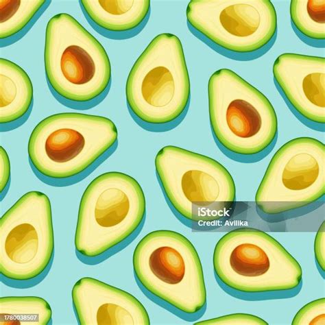 아보카도 그림자가 있는 파란색 배경에 원활한 아보카도 패턴입니다 아보카도는 반으로 자릅니다 디자인은 벽지 직물 라벨 포장에 적합합니다 건강한 생활방식에 대한 스톡 벡터 아트