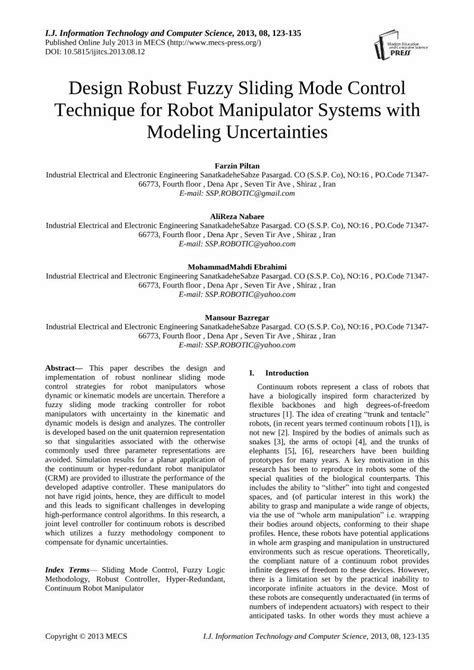 Pdf Design Robust Fuzzy Sliding Mode Control Technique For Robot