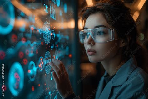 A Young Female Scientist Examines Complex Data Visualizations On A