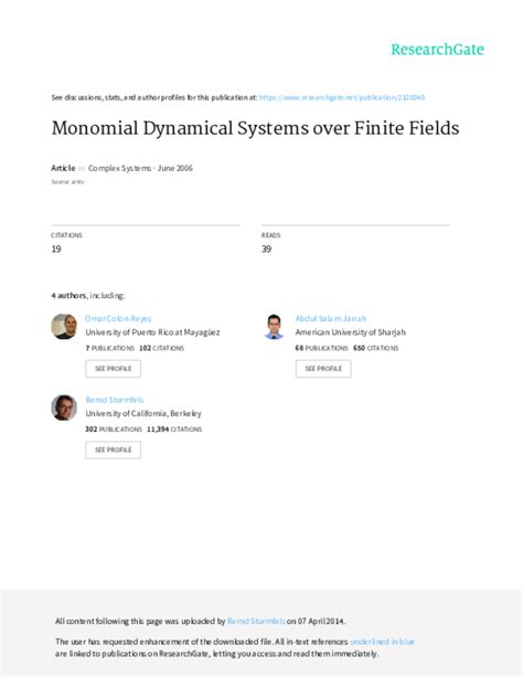 Pdf Monomial Dynamical Systems Over Finite Fields