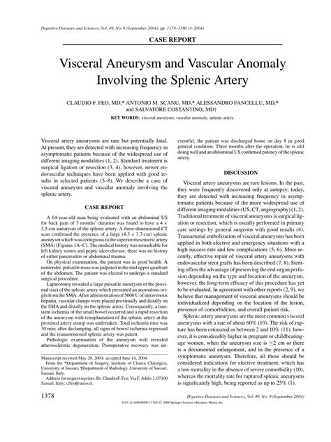 Pdf Visceral Aneurysm And Vascular Anomaly Involving The Splenic Artery