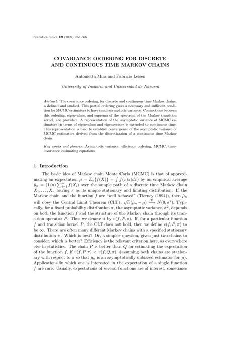 Pdf Covariance Ordering For Discrete And Continuous Time Markov Chains