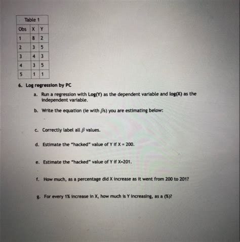 solved table 1 obs x y 8 2 6 log regression by pc a run a
