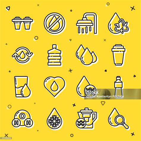 세트 라인 드롭 및 돋보기 물병 정수 필터 카트리지 샤워 헤드 깨끗한 큰 병 재활용 아쿠아 및 드롭 아이콘 벡터 Prohibition에 대한 스톡 벡터 아트 및 기타 이미지