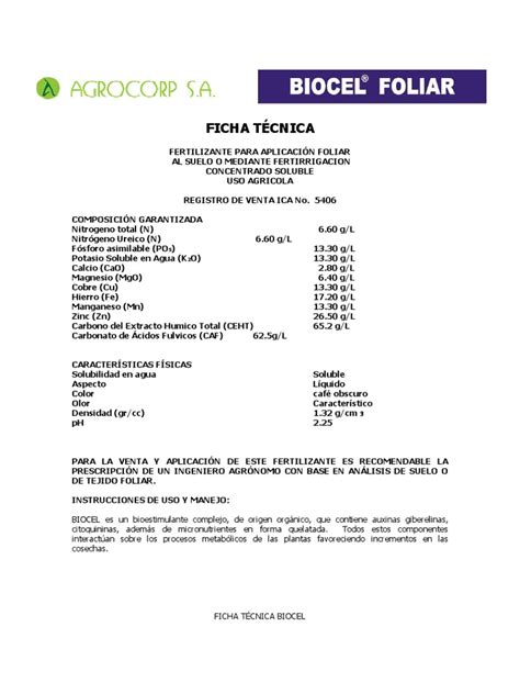 Ficha Técnica De Biocel Fertilizante Pdf Fertilizante Agua