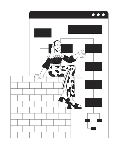 Woman Developer Building Website Wireframe Black And White 2d Line Cartoon Character Stock