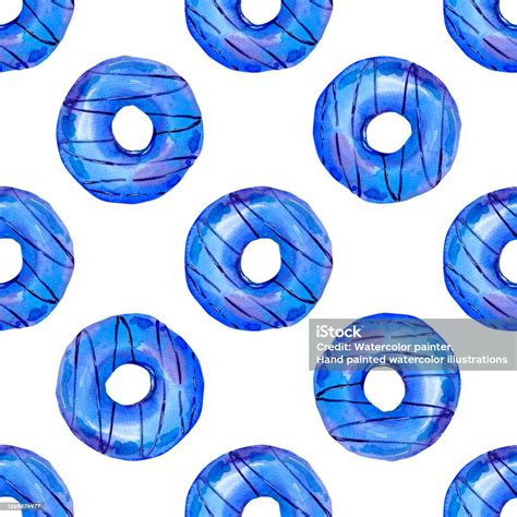 장식과 디자인을위한 수채화 도넛 원활한 패턴 다채로운 음식 일러스트레이션 흰색 배경에 격리 된 복고풍 파란색 디지털 종이 귀여운에 대한 스톡 벡터 아트 및 기타 이미지