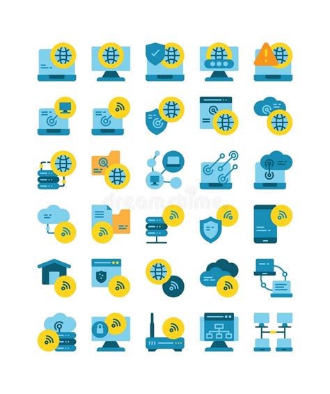 Network Connection Cyber Technology Flat Icon Set Stock Vector Illustration Of Tech Vector