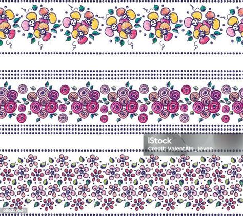 원활한 벡터 손으로 그린 꽃 패턴의 설정 끝 없는 국경 꽃 프레임 나뭇잎 장식 그래픽 드로잉 그림입니다 배치 배경 직물 섬유 표면에 대 한 인쇄 귀여운에 대한 스톡 벡터