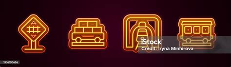 철도 건널목 화물 열차 왜건 기차 철도 터널 및 승용차를 설정하십시오 빛나는 네온 아이콘입니다 벡터 경계 표지에 대한 스톡 벡터 아트 및 기타 이미지 Istock