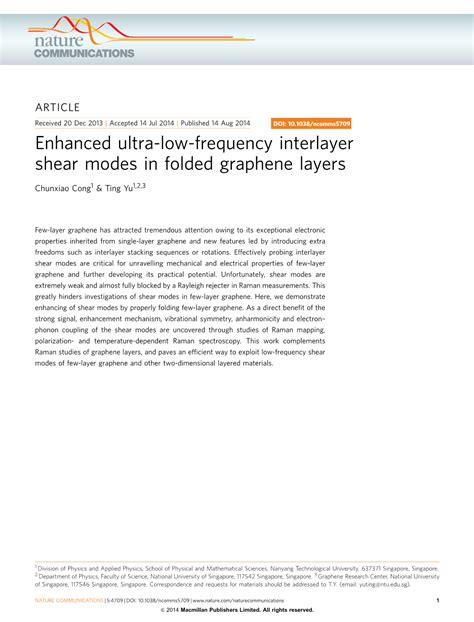Enhanced Ultra Low Frequency Interlayer Shear Modes In Folded Graphene Layers Docslib