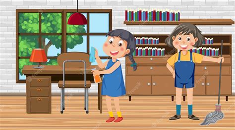 Niños Limpiando La Habitación Juntos Vector Premium