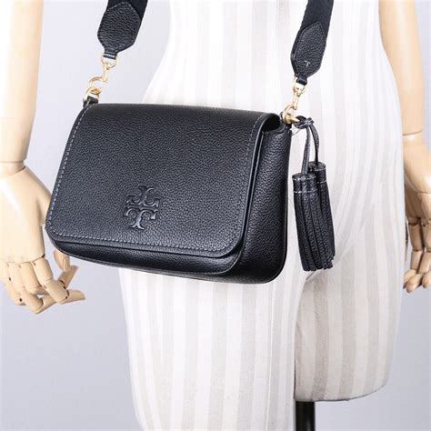 Tory Burch Thea Black Pebbled Leather Flap Crossbody Shoulder Bag Purse