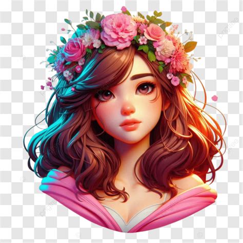 머리 투명한 배경에 화환을 들고 있는 귀여운 만화 소녀의 3d 그림 머리에 화환을 쓴 귀여운 만화 소녀의 3d 그림 투명한