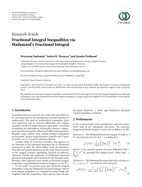 Pdf Fractional Integral Inequalities Via Hadamards Fractional Integral