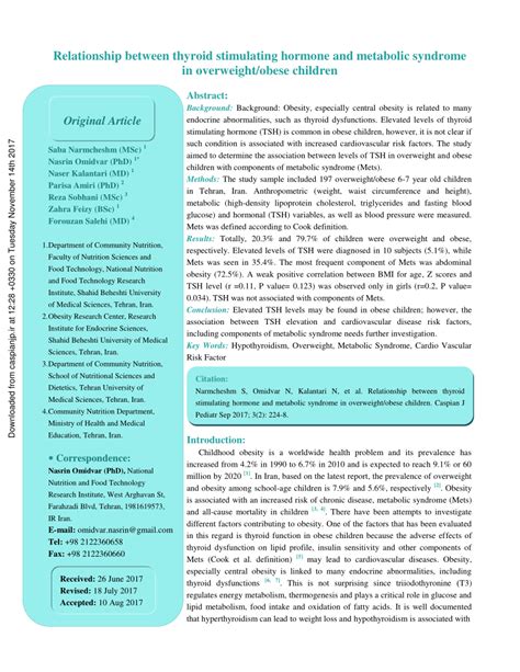 Pdf Relationship Between Thyroid Stimulating Hormone And Metabolic Syndrome In Overweight