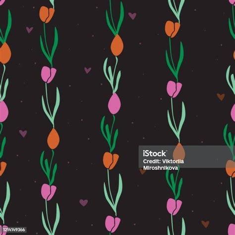 원단 이나 직물에 인쇄에 대 한 검은 배경에 튤립과 잎이 있는 원활한 패턴 디자인을 위한 무작위 꽃 무늬와 스칸디나비아 벡터 스톡 일러스트 레이션 귀여운에 대한 스톡 벡터