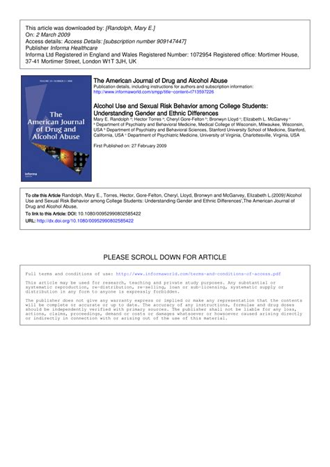 Pdf Alcohol Use And Sexual Risk Behavior Among College Students