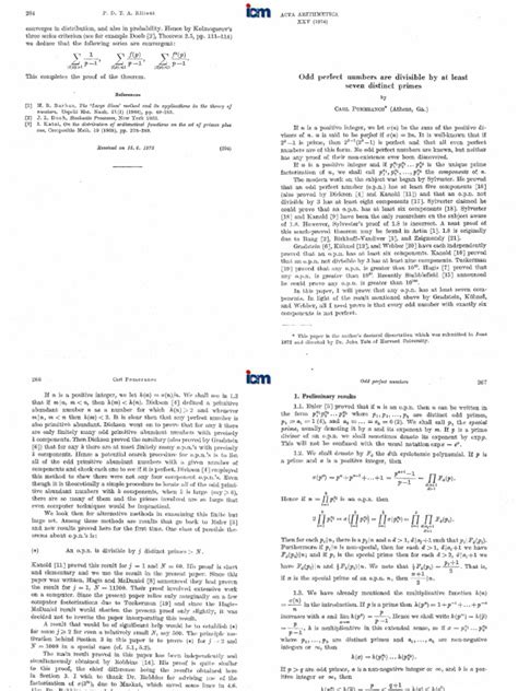 Pomerance C Odd Perfect Numbers Are Divisible By At Least Seven Distinct Primes Acta Arithm