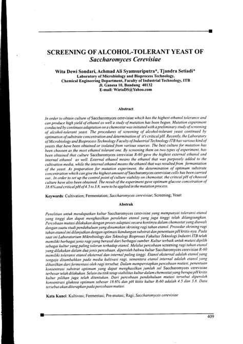 Pdf Screening Of Alcohol Tolerant Yeast Of Saccharomyces Cerevisiae
