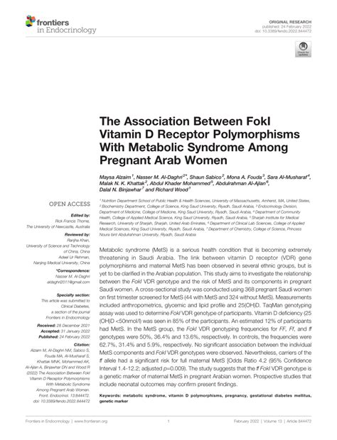Pdf The Association Between Foki Vitamin D Receptor Polymorphisms With Metabolic Syndrome