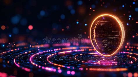 Digital Sphere With Glowing Binary Code And Colorful Light Trails Stock Illustration