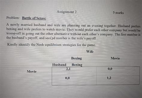 Solved Problem Battle Of Sexes A Newly Married Husband And Chegg Com