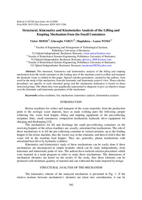 Pdf Structural Kinematics And Kinetostatics Analysis Of The Lifting