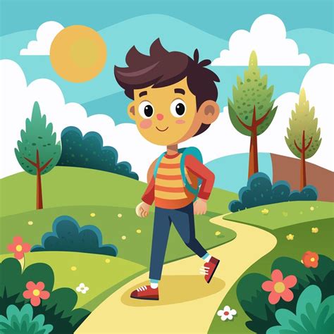 Un Niño Con Una Mochila Camina Por Un Camino Con Un Niño En Un Parque