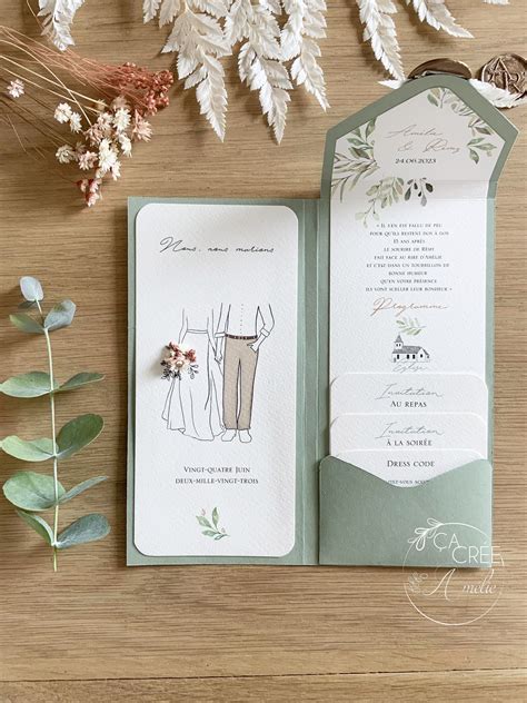 Faire Part Mariage Pochette Vert Sauge Avec Illustration Personnalisée Etsy France