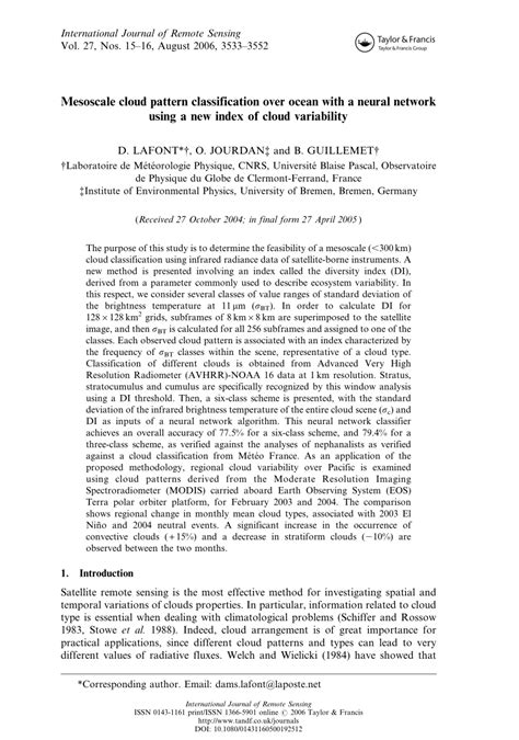 Pdf Mesoscale Cloud Pattern Classification Over Ocean With A Neural Network Using A New Index