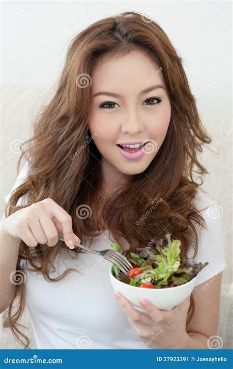 Asian Cute Girl Eating Salad Stock Image Image Of Green Looking