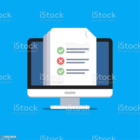 온라인 설문조사 양식 온라인 시험 컴퓨터 화면의 체크리스트입니다 플랫 스타일의 격리 벡터 그림입니다 의료 기록에 대한 스톡 벡터