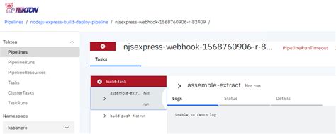 kabanero pipelinerun pod in tekton dashboard does not show log error of