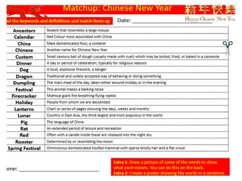 Chinese New Year Definitions Matchup Sheet Keywords Ks3 Settler Starter Activity Cover Lesson