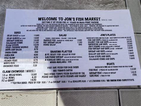 Menu At Jons Fish Market Restaurant Dana Point