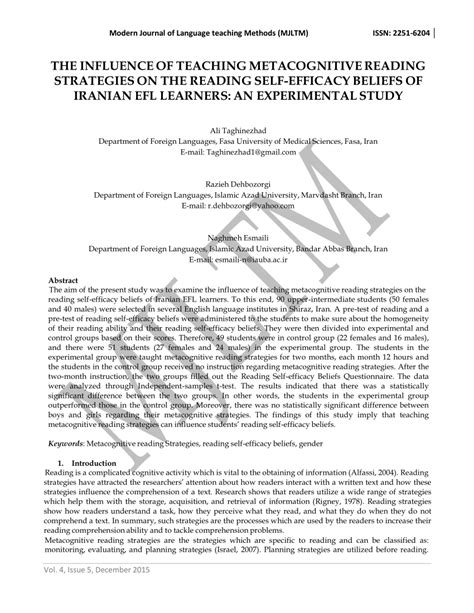 Pdf The Influence Of Teaching Metacognitive Reading Strategies On The Reading Self Efficacy