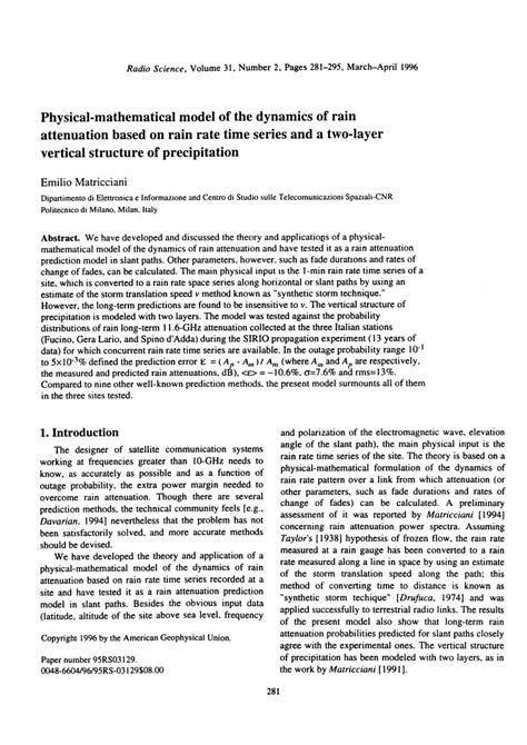 Pdf Physical Mathematical Model Of The Dynamics Of Rain Attenuation Based On Rain Rate Time