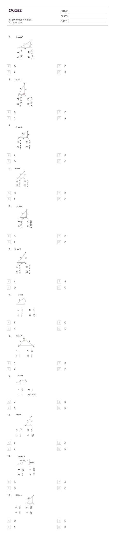 50 Derivatives Of Trigonometric Functions Worksheets For 9th Grade On Quizizz Free And Printable