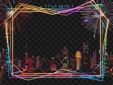 시티스케이프와 불꽃놀이를 가진 Psd 지그자그 라인 라이트 네온 프레임 아웃라인 콜라지 아트 투명 프리미엄 Psd 파일