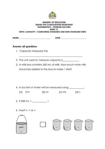 Grade 5 Mathematics Problem Solving Week 12 2022 Consolidated Worksheet