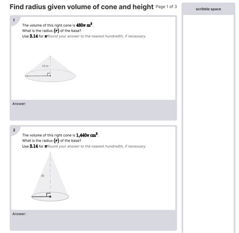 Find Radius Given Volume Of Cone And Height Worksheets [pdf] 8 G C 9 8th Grade Math